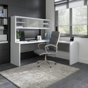 bush business furniture echo l shaped computer desk with hutch, 72w, pure white and shiplap gray