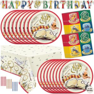 harry potter birthday decorations kit | harry potter birthday party supplies | with harry potter table cover, banner, dinner plates, napkins, candles, button | serves 16