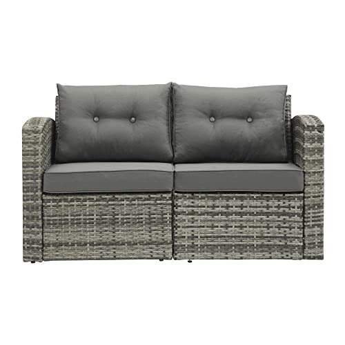 SUNVIVI OUTDOR Wicker Outdoor Patio Loveseat, 2 Piece Aluminum Frame Patio Sofa Couch with Cushions, Grey Wicker Corner Sofa Chairs for Patio Furniture