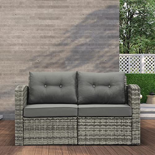 SUNVIVI OUTDOR Wicker Outdoor Patio Loveseat, 2 Piece Aluminum Frame Patio Sofa Couch with Cushions, Grey Wicker Corner Sofa Chairs for Patio Furniture