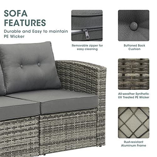 SUNVIVI OUTDOR Wicker Outdoor Patio Loveseat, 2 Piece Aluminum Frame Patio Sofa Couch with Cushions, Grey Wicker Corner Sofa Chairs for Patio Furniture