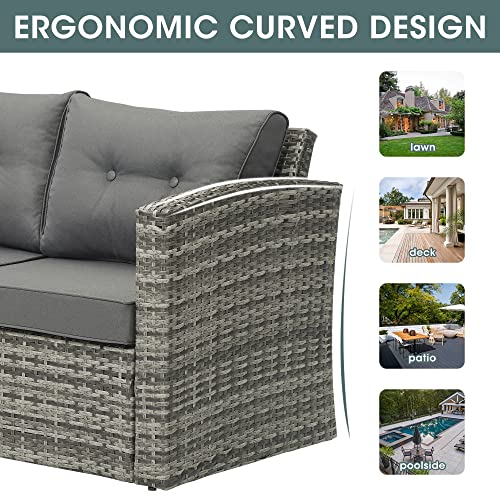 SUNVIVI OUTDOR Wicker Outdoor Patio Loveseat, 2 Piece Aluminum Frame Patio Sofa Couch with Cushions, Grey Wicker Corner Sofa Chairs for Patio Furniture