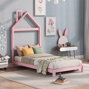 merax twin kids bed house shaped low beds, wood platform bed frame for girls,no box spring needed,easy assemble (twin,pink