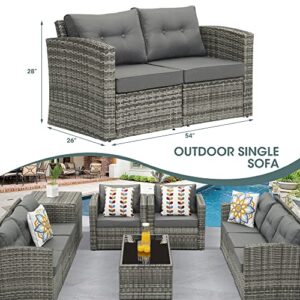 SUNVIVI OUTDOR Wicker Outdoor Patio Loveseat, 2 Piece Aluminum Frame Patio Sofa Couch with Cushions, Grey Wicker Corner Sofa Chairs for Patio Furniture