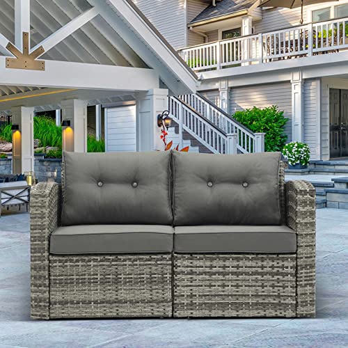 SUNVIVI OUTDOR Wicker Outdoor Patio Loveseat, 2 Piece Aluminum Frame Patio Sofa Couch with Cushions, Grey Wicker Corner Sofa Chairs for Patio Furniture