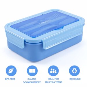 Caperci Classic Bento Lunch Box for Adult & Older Kids - Leakpoof 47 oz 3-Compartment Lunch Containers for Adults and Teens, Built-in Utensil Set, Ideal for On-the-Go, Blue