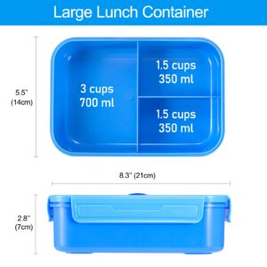 Caperci Classic Bento Lunch Box for Adult & Older Kids - Leakpoof 47 oz 3-Compartment Lunch Containers for Adults and Teens, Built-in Utensil Set, Ideal for On-the-Go, Blue