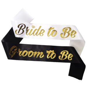 haprty bride to be and groom to be sash, 2 pieces white and black bachelorette sash for bridal shower engagement party decorations supplies