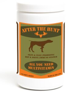 after the hunt all you need complete dog multivitamin - daily vitamins for skin & coat hip & joint digestion & immune system - glucosamine omega 3 6 9 & probiotics - 120 ct