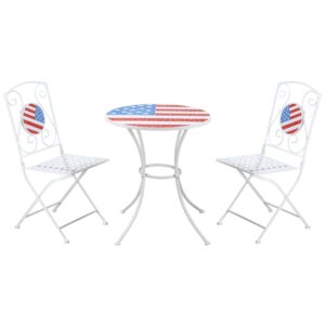 outsunny 3 piece patio bistro set, folding outdoor furniture with usa mosaic table and chairs, portable metal frames for 4th of july, balcony, backyard, poolside, porch, american flag