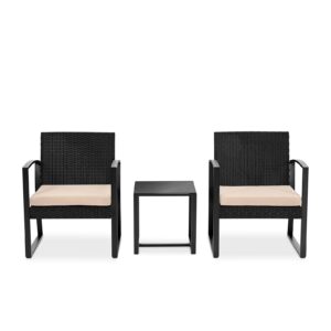 patio outdoor rattan furniture set, 3 pcs. per set - includes 2 single chairs with soft cushion and 1 glass-top coffee table, black weather-resistant resin wicker rattan