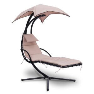 serenelife outdoor hanging curved steel chaise lounge swing chair w/a built-in pillow and removable canopy uv protection and foam covered armrest