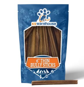 k9warehouse® - bully sticks for small dogs & puppies - (6 inch, 6 count) thin pizzle sticks for teething relief - puppy & dog chew treats for medium dogs - 100% natural & safe bully stick