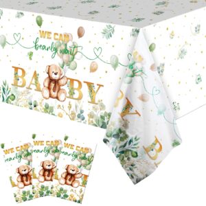 3 packs we can bearly wait baby shower tablecloth decorations teddy bear table cover balloon bear plastic tablecloth for bear theme birthday baby shower party decor, 54 x 108 inch (green leaf style)