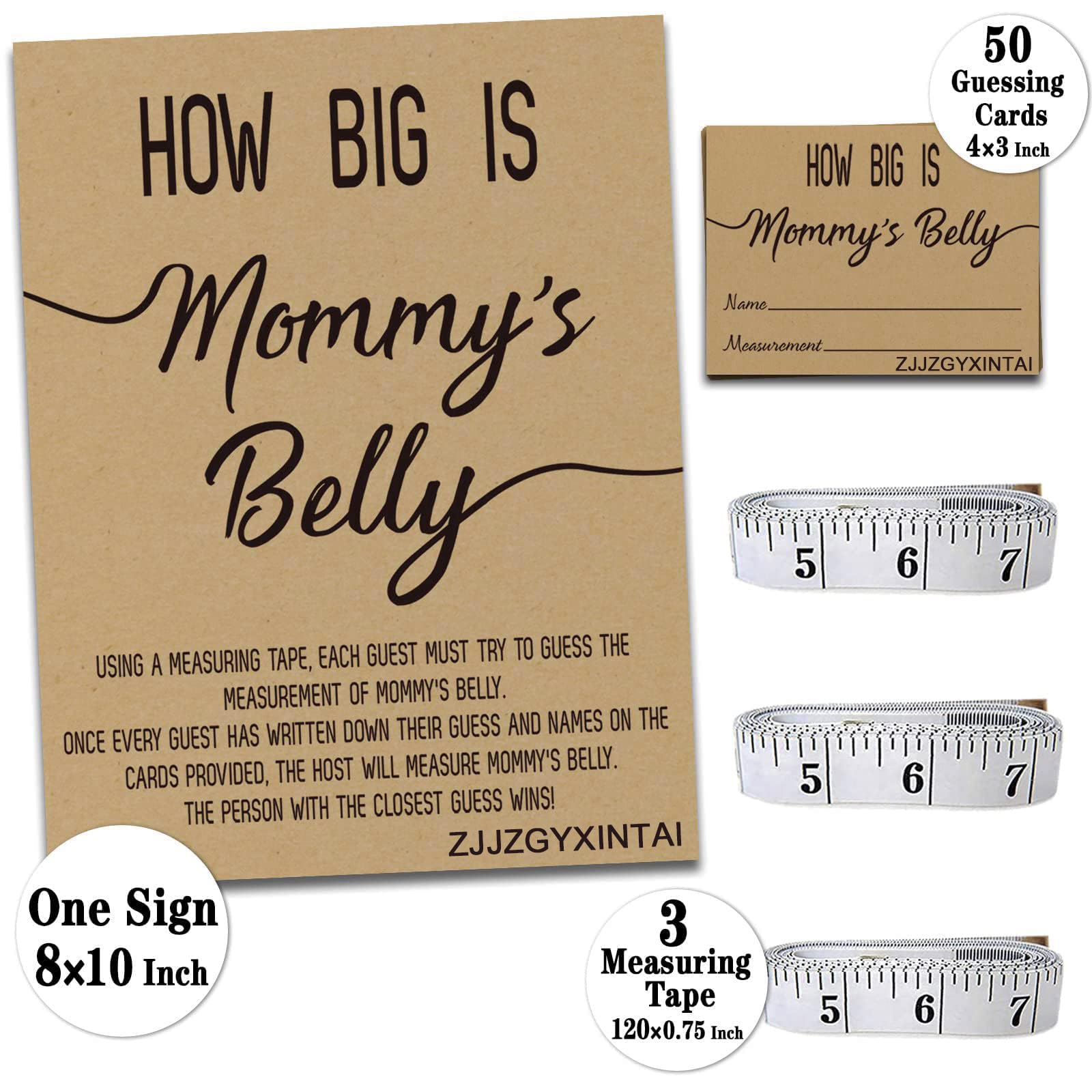 ZJJZGYXINTAI How Big is Mommy's Belly? Rustic Baby Shower Gender Neutral Game Includes 8x10 Inch Kraft Standing Sign and 50 Guessing Cards, 3 Rolls 120 Feet Measuring Tape