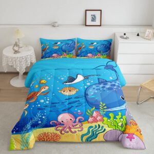 marine animals comforter set twin,shark octopus turtle coral bedding set,underwater world cartoon quilt set 2pcs for kids teens adults room decor,sea blue duvet insert with 1 pillowcase