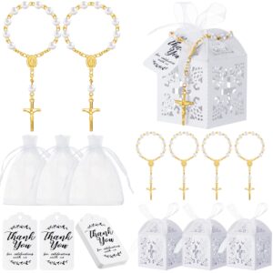 100 pieces rosaries baptism sets including 25 pcs mini rosary 25 pcs cross favor boxes 25 pcs organza gift bags and 25 pcs thank you kraft tags guest return gifts for baptism wedding decor(gold)