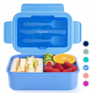 caperci classic bento lunch box for adult & older kids - leakpoof 47 oz 3-compartment lunch containers for adults and teens, built-in utensil set, ideal for on-the-go, blue