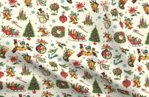 spoonflower fabric - vintage beige sled santa traditional bells christmas tree treats printed on petal signature cotton fabric by the yard - sewing quilting apparel crafts decor