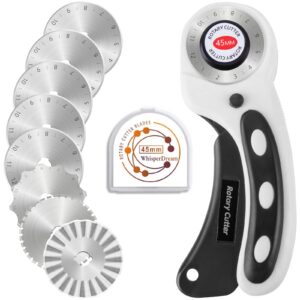 whisperdream 45mm rotary cutter - white rotary cutter with ergonomic safety design - 8 extra replacement blades included, 45mm rotary cutter great for sewing, quilting supplies, fabric and crafts