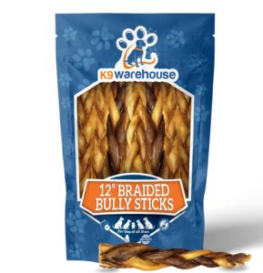 k9warehouse braided bully sticks for dogs - 12 inch (3 count)