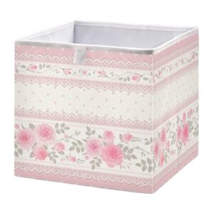 linqin floral pattern with pink roses collapsible open storage bins, foldable toy nursery storage basket bin cloth cube rectangular organizer with handles for shelves closet home decor