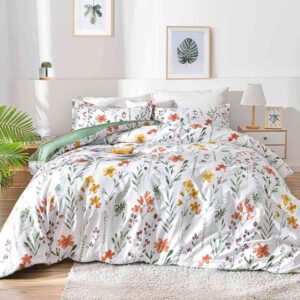 floral duvet cover king size - white yellow flowers and green leaf spring botanical printed microfiber comforter cover set - 3pc 104x90 soft and lightweight quilt cover, farmhouse style for women men