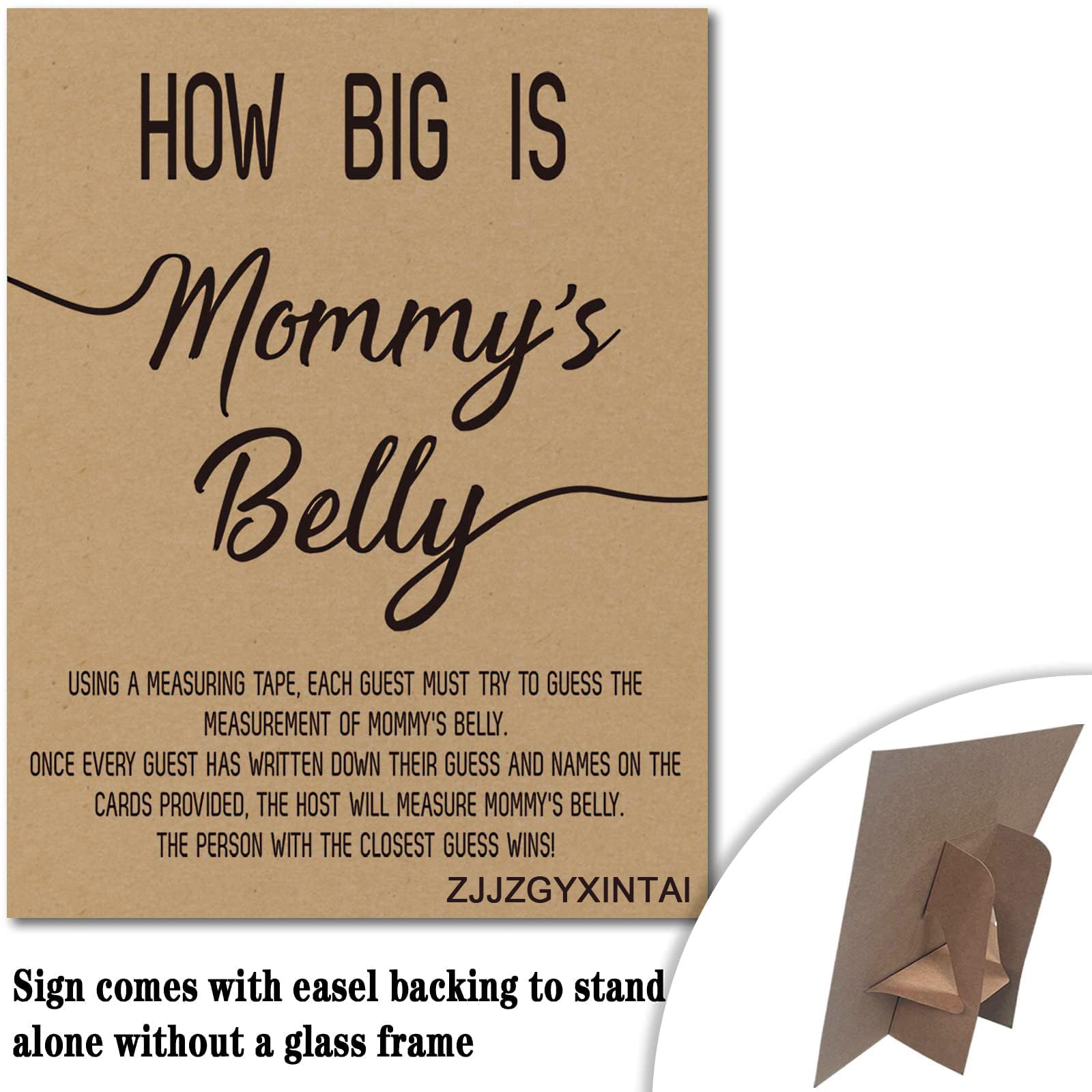 ZJJZGYXINTAI How Big is Mommy's Belly? Rustic Baby Shower Gender Neutral Game Includes 8x10 Inch Kraft Standing Sign and 50 Guessing Cards, 3 Rolls 120 Feet Measuring Tape