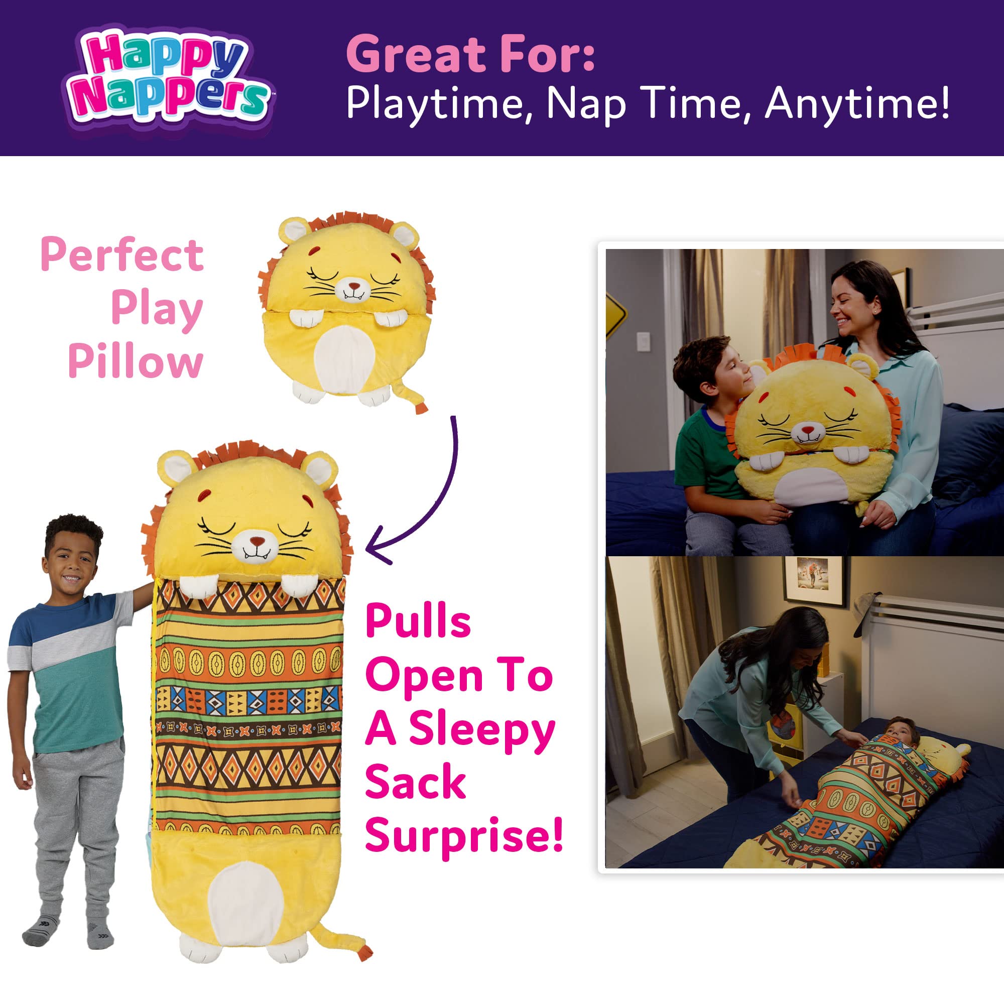 Happy Nappers Pillow & Sleepy Sack- Comfy, Cozy, Compact, Super Soft, Warm, All Season, Sleeping Bag with Pillow- Lion (Large)