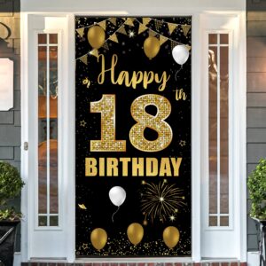 18th birthday door banner backdrop, happy 18th birthday decorations for girls boys black gold, 18 years old birthday party photo props yard sign for outdoor indoor, sturdy, vicycaty