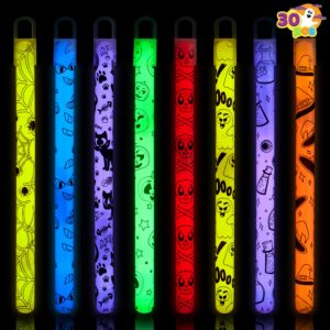 joyin 30 pcs halloween glow sticks bulk party pack, hanging wands in 8 designs, 6 colors light up sticks for kids glow in the dark halloween party favor supplies, halloween goodie bag filler