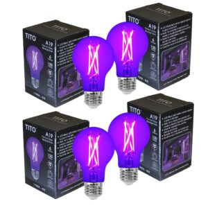 tito 4 pack e26 a19 filament led black light bulbs, uva 395nm 6w blacklight bulb 100w equivalent, black light bulb glow in dark halloween christmas party fluorescent tapestry poster decor body paint