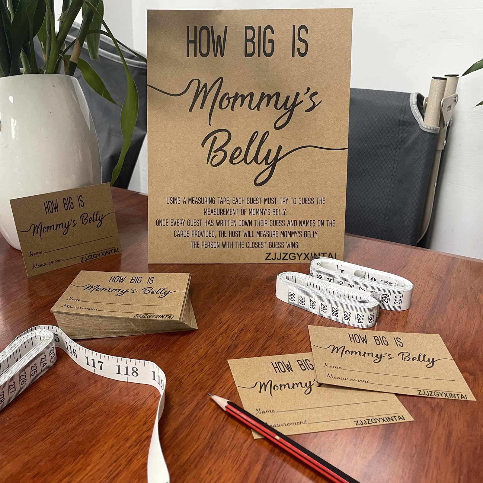 ZJJZGYXINTAI How Big is Mommy's Belly? Rustic Baby Shower Gender Neutral Game Includes 8x10 Inch Kraft Standing Sign and 50 Guessing Cards, 3 Rolls 120 Feet Measuring Tape