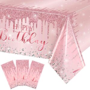 3 pcs pink and rose gold tablecloths glitter diamond table cover pe girl party glitter table cloths sequin printed plastic tablecloths for girl women birthday wedding party, 54 x 108 (happy birthday)