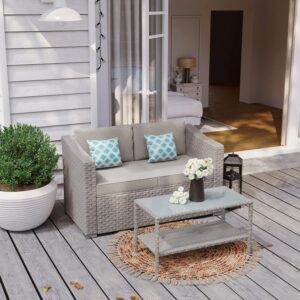 cosiest 2-piece patio furniture set, all-weather outdoor wicker loveseat conversation set w warm gray cushions, glass coffee table, 2 teal pattern pillows for deck, backyard, pool