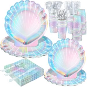 144 pcs mermaid party supplies tableware mermaids themed decorations under the sea party dinnerware set includes plates napkins cups spoons fork knives for baby shower birthday party(classic style)