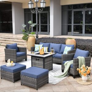 ovios patio furniture set, 6 pieces outdoor conversation set with 30 inch gas fire pit table modern wicker rattan sofa set with comfortable cushion, ottomans, denim blue