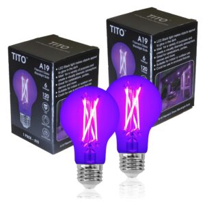 tito 2 pack e26 a19 filament led black light bulbs, uva 395nm 6w blacklight bulb 100w equivalent, black light bulb glow in dark halloween christmas party fluorescent tapestry poster decor body paint