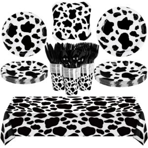 durony 169 pieces cow print party tableware serves 24 include party plates spoons forks knife cups napkins cow print farm animal birthday supplies for baby shower farm cow themed decorations