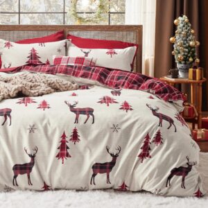 bedsure christmas duvet cover queen - christmas bedding queen size, reversible buffalo check printed christmas plaid duvet cover, includes 1 duvet cover and 2 pillow shams (queen, reindeer)