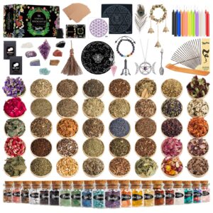 shyshiny witchcraft supplies kit, 145pack wiccan supplies and tools witchy gifts for beginners, dried herbs, crystals, candles, green witch altar starter spell