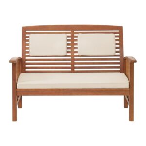 lyndon eucalyptus wood outdoor 2-seat bench with cream cushions, weather-resistant, durable, perfect for patio and garden, coordinating pieces available, 48 in. w x 28 in. d x 35 in. h