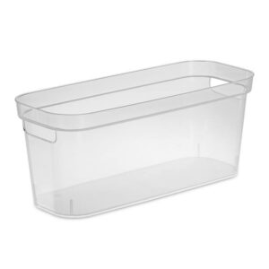 sterilite 6.25 x 6.25 x 15 inch narrow modern storage bin with comfortable carry through handles and banded rim for household organization, clear