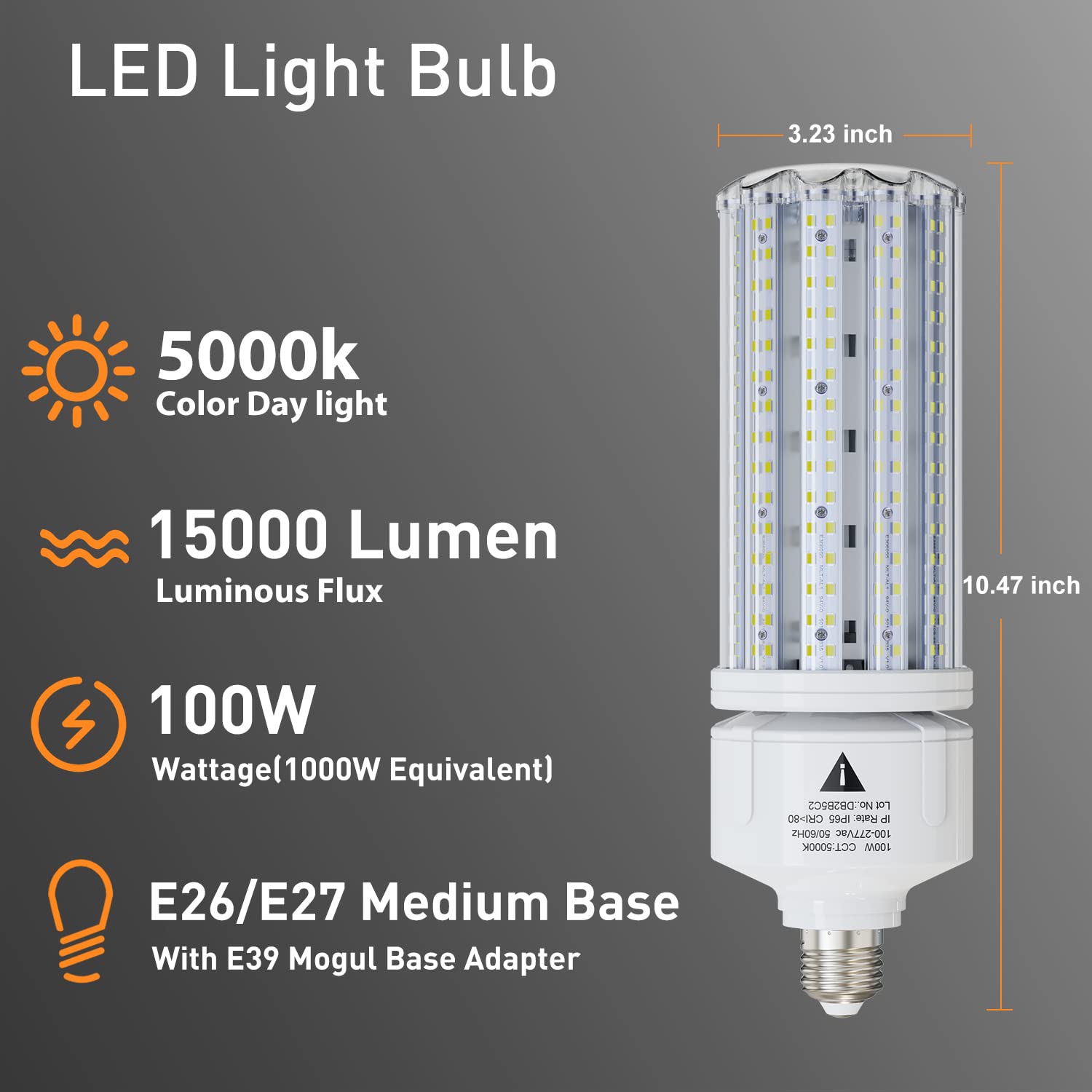 2 Pack 100W LED Corn Light Bulb 5000K Daylight 15000 Lumens Super Bright, E26/E39 Base Led Corn Bulbs Replace Metal Halide HID CFL for Outdoor Commercial Industrial Lighting Garage Warehouse Backyard