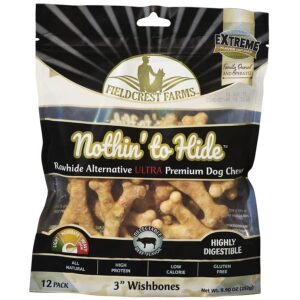 fieldcrest farms nothing to hide natural rawhide alternative 3'' wish bones for dogs - digestible rawhide free dog chews long lasting - bones for small dogs - great for dental health 12 bones