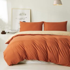 jyhoney burnt orange duvet cover set queen size caramel pumpkin reversible beige bedding set modern minimalist style rust solid color duvet covers soft microfiber double bed comforter covers,3pcs