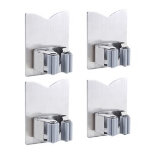 4 pack mop broom holder racks 304 stainless steel self adhesive heavy duty wall mounted mop organizer storage clip multi-used for garage kitchen and bathroom