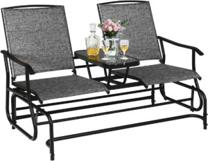 reuniong 2-person outdoor glider chair, patio bench loveseat w/tempered glass center table & sturdy metal frame, porch swing rocking chair for outside, balcony, garden, grey