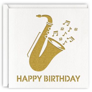 magjuche saxophone jazz birthday card, gold glitter laser cut musical greeting cards for men, women