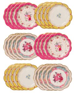 talking tablesvintage floral paper plates pack of 24 - pink, blue, yellow, scalloped edge, truly scrumptious, disposable tableware for birthday, garden party, afternoon teas, baby shower, wedding